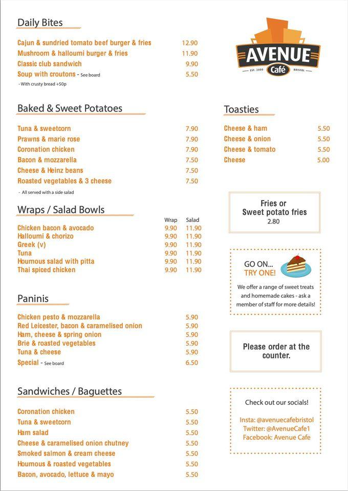 Menu at Avenue Cafe, Emersons Green, St Lukes House Emerson Way