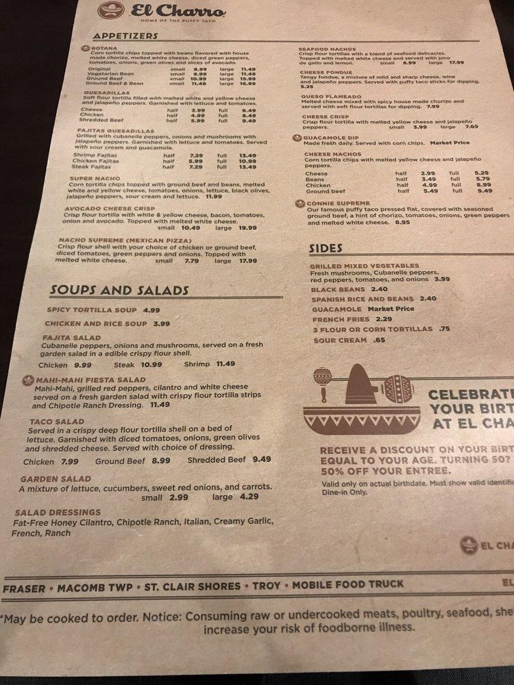 Menu at El Charro of Macomb restaurant, Charter Township of Clinton