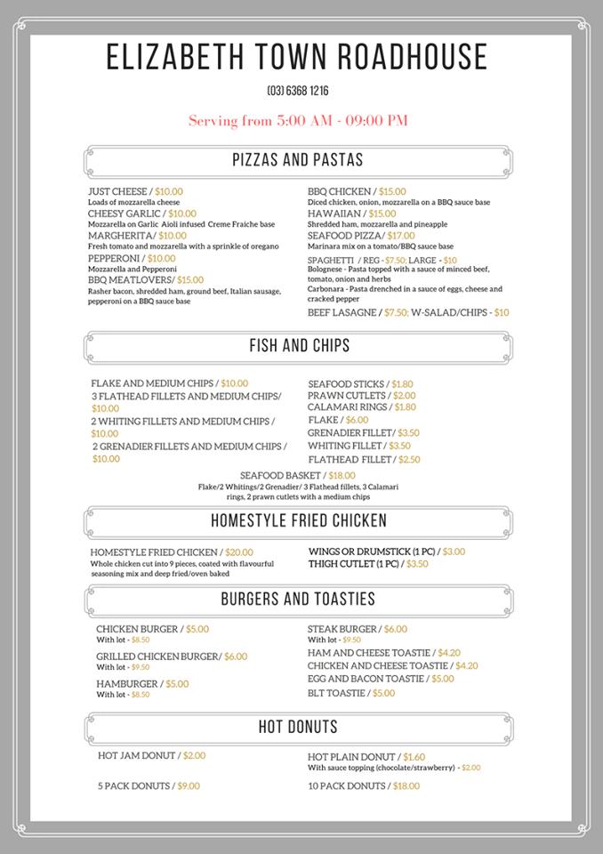 Menu at Elizabeth Town Roadhouse restaurant, Elizabeth Town