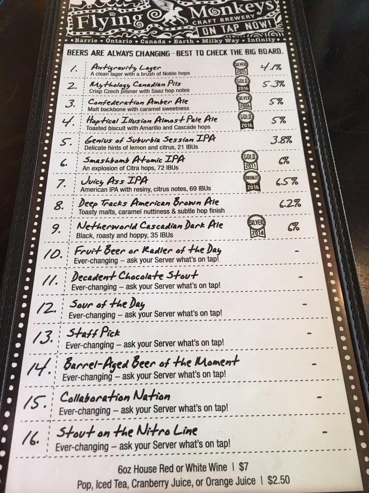 Menu at Flying Monkeys Craft Brewery restaurant, Barrie