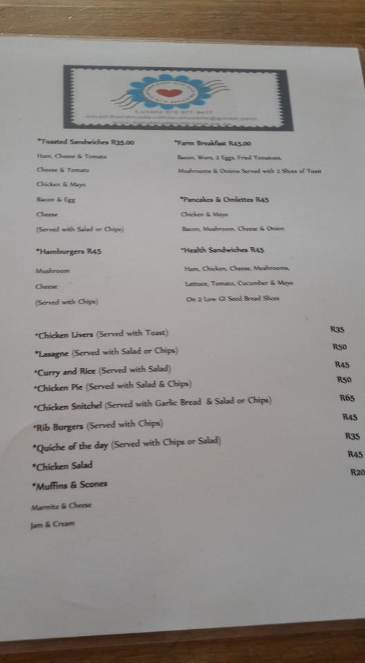 Menu at Handmade With Love steakhouse, Ficksburg