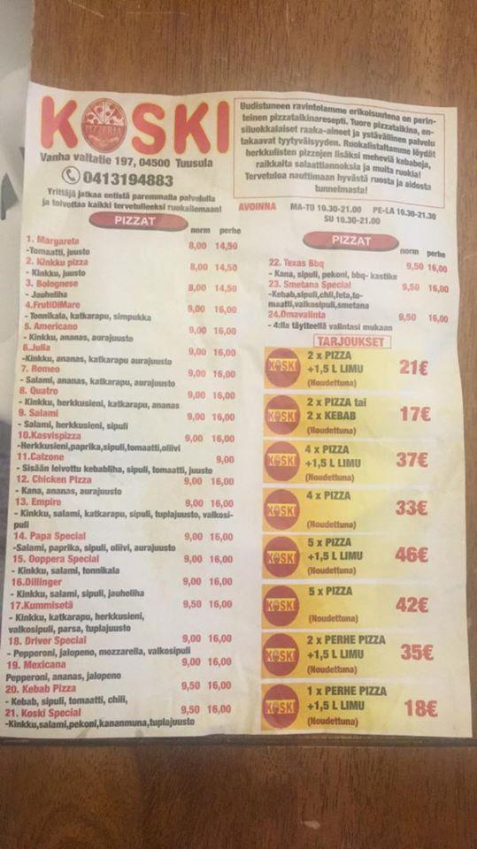 Menu at Ravintola Koski restaurant, Finland