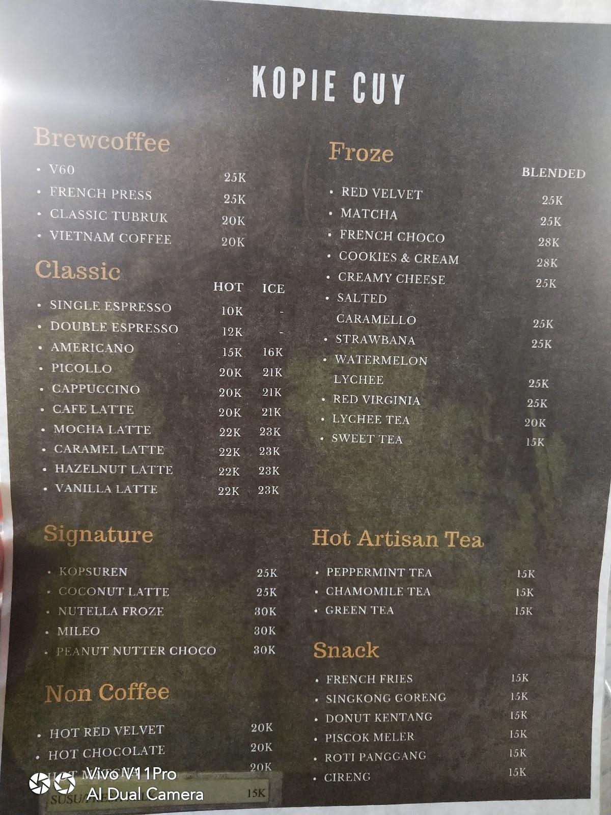 Menu at Kopie Cuy cafe, Tangerang
