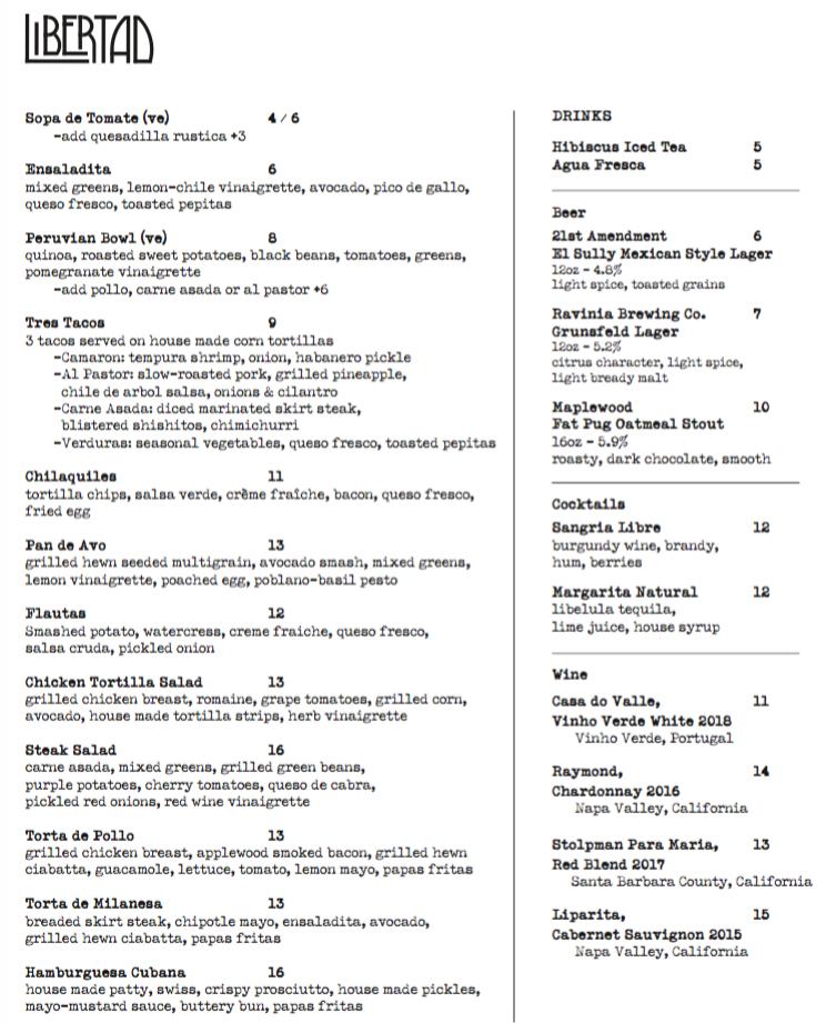 Menu at Libertad pub & bar, Skokie