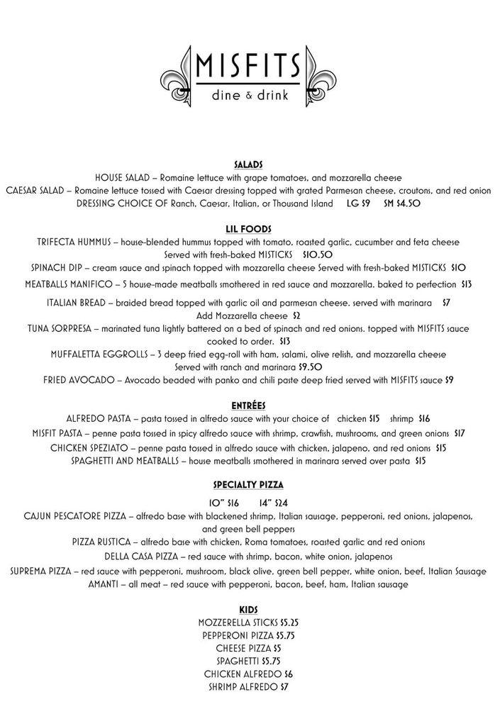 Menu at Misfits Dine & Drink pub & bar, Broussard