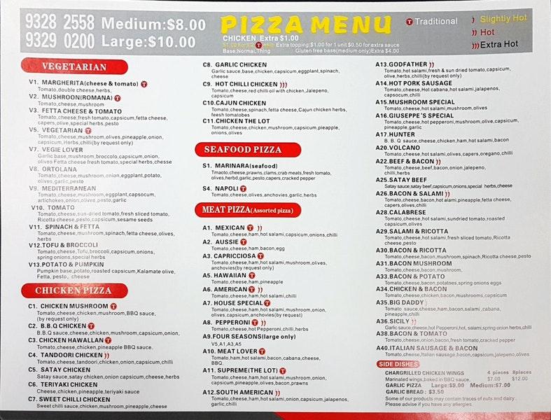 Menu at Papa Giuseppe Pizza pizzeria, North Melbourne