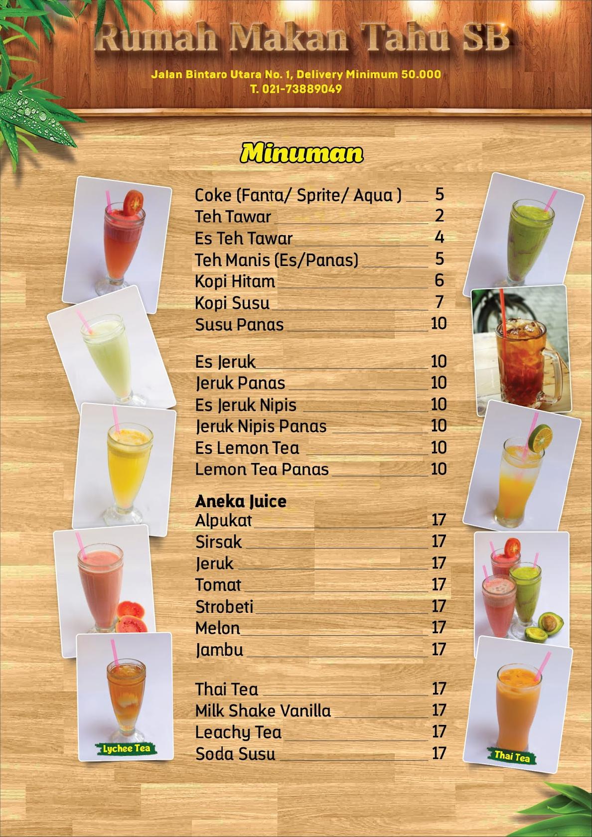 Menu at Rumah makan Tahu SB restaurant, South Jakarta