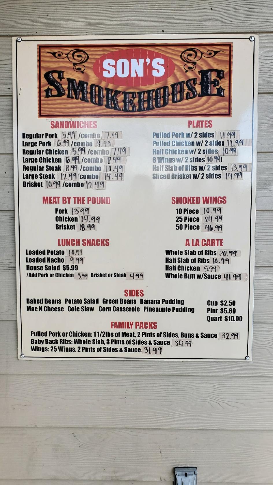 Menu at SON'S SMOKEHOUSE restaurant, Jasper