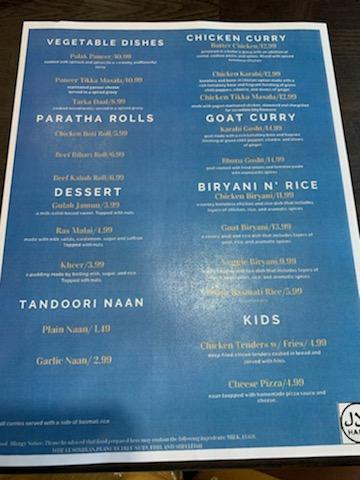 Menu at Saffron restaurant, Waco