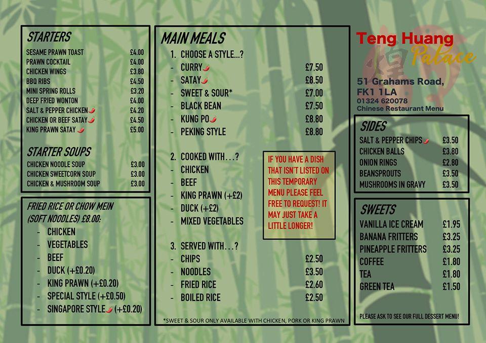 Menu at Teng Huang Palace restaurant, Falkirk