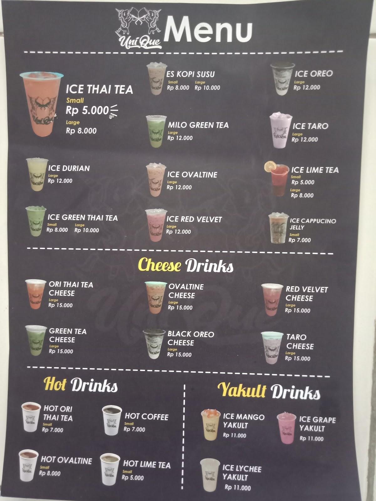 Menu at UNI QUE cafe, Karawang