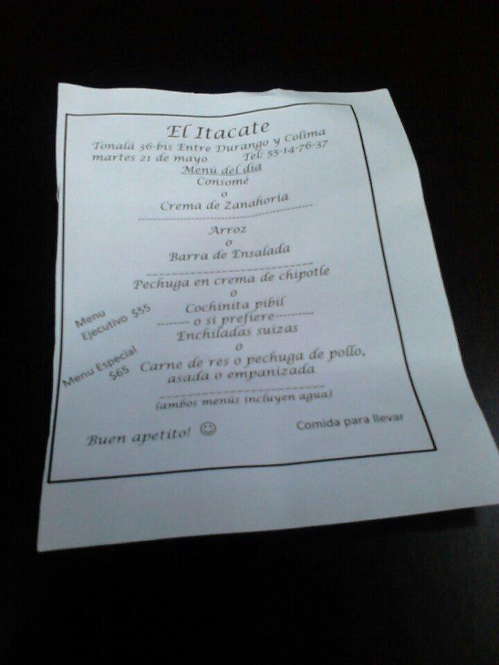 Menu at el Itacate de la Roma restaurant, Mexico City