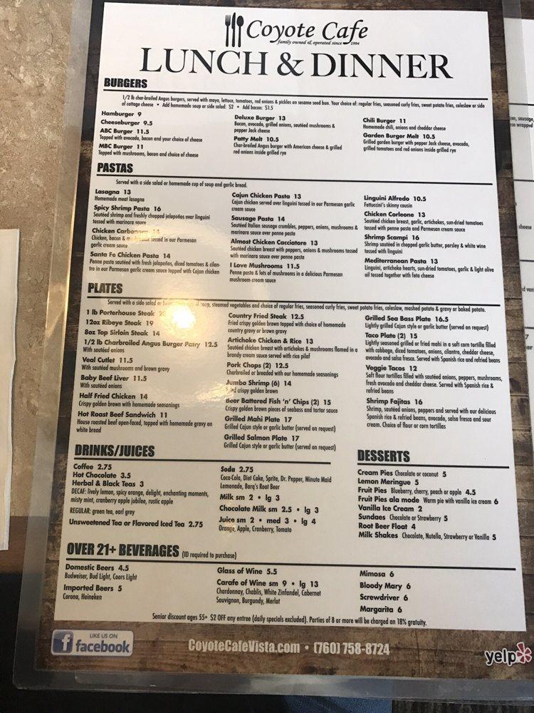 Menu at Coyote Cafe, Vista