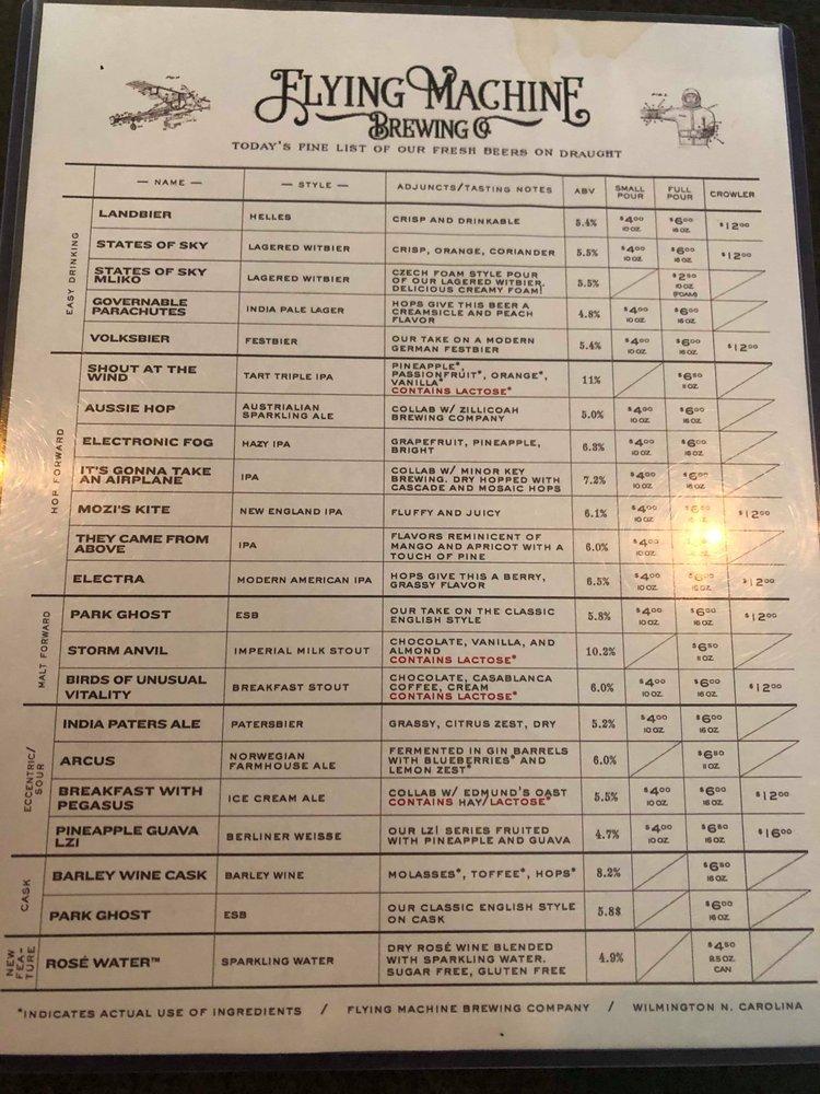 Menu at Flying Machine Brewing Company restaurant, Wilmington