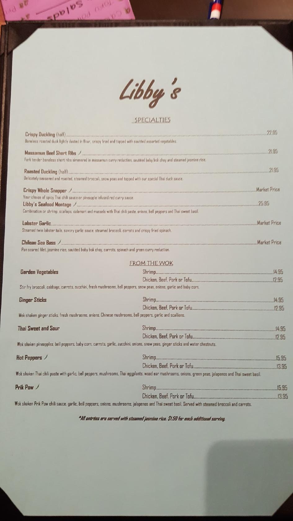 Menu at Libby's Thai Bistro restaurant, St. Augustine