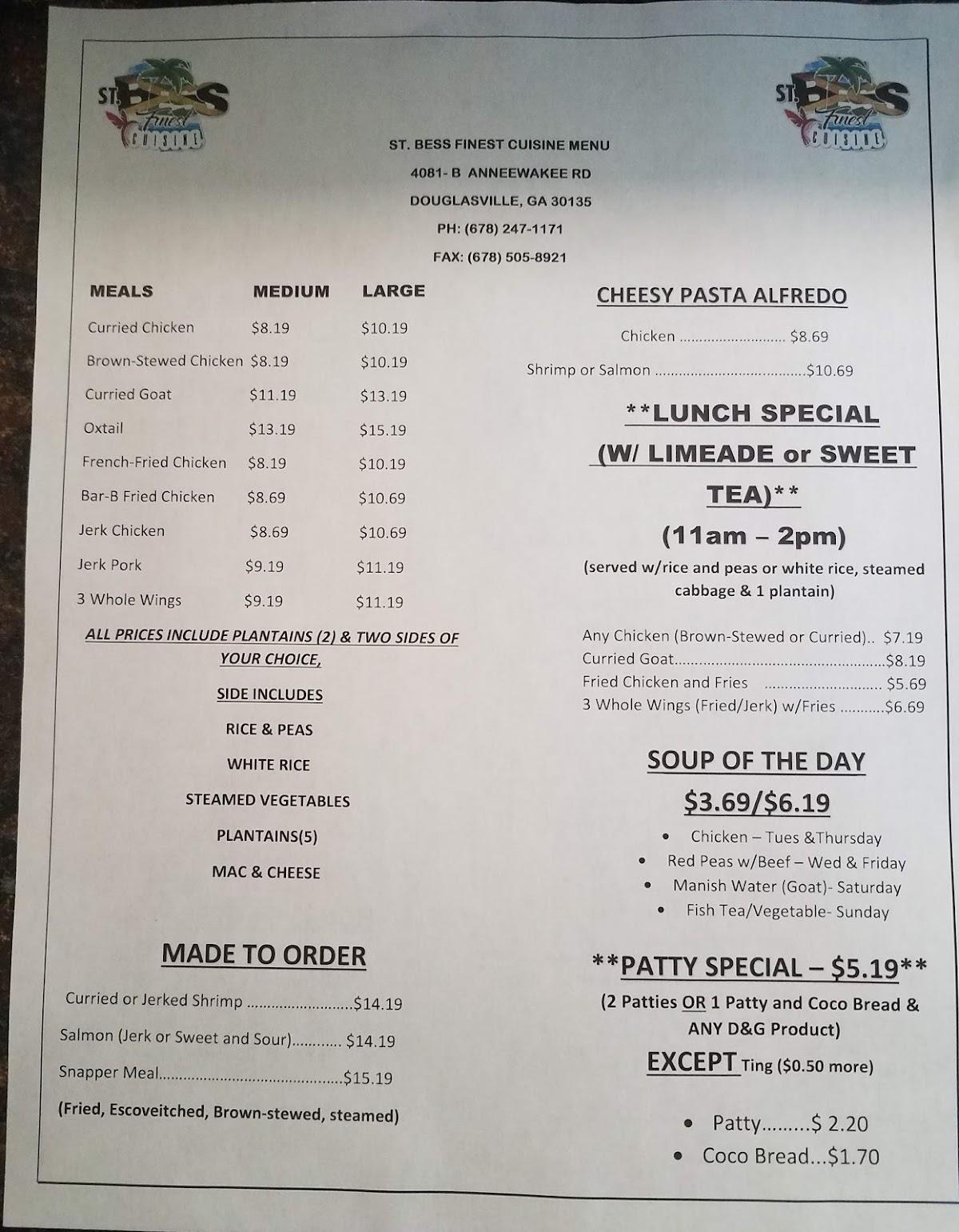 Menu at St. Bess Finest Cuisine restaurant, Douglasville