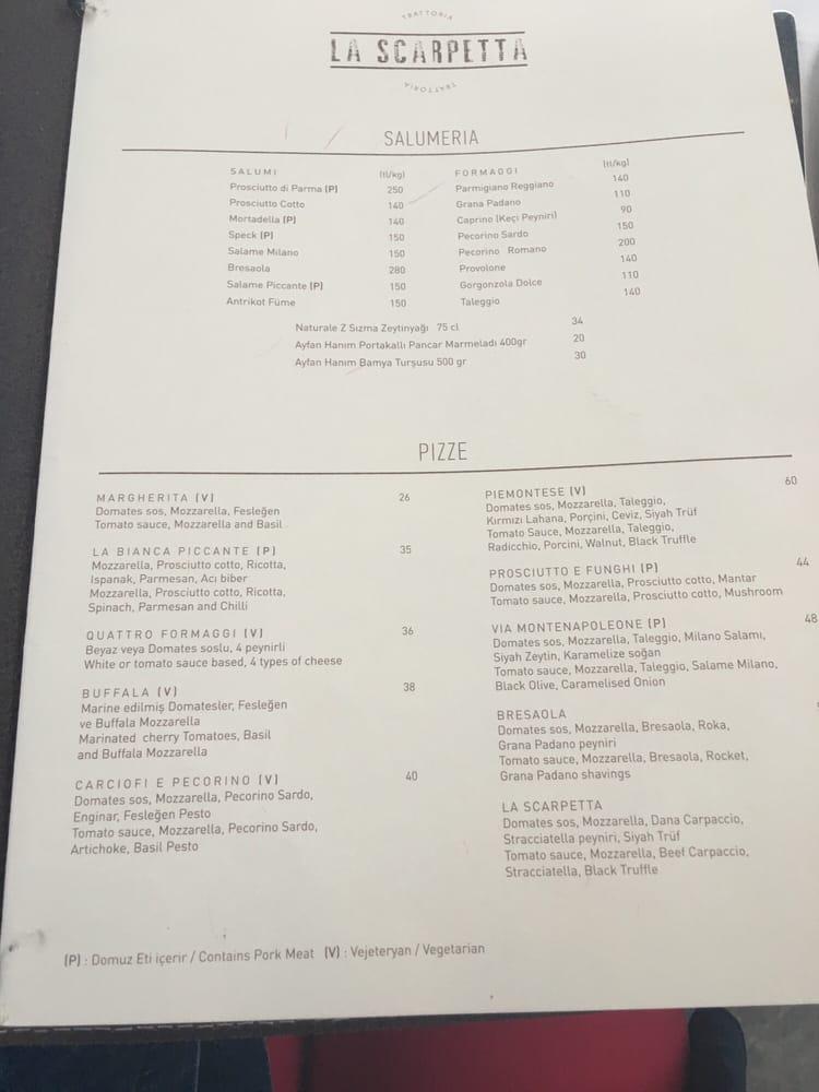 Menu at Trattoria La Scarpetta, Istanbul