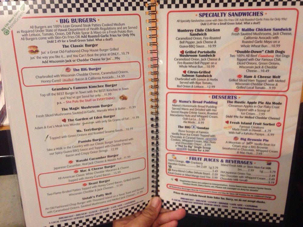 Menu at Big City Diner restaurant, Waipahu, 94-800 Ukeʻe Street #305