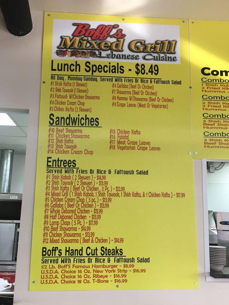 Menu at Boff's Middle Eastern Cuisine restaurant, Warren