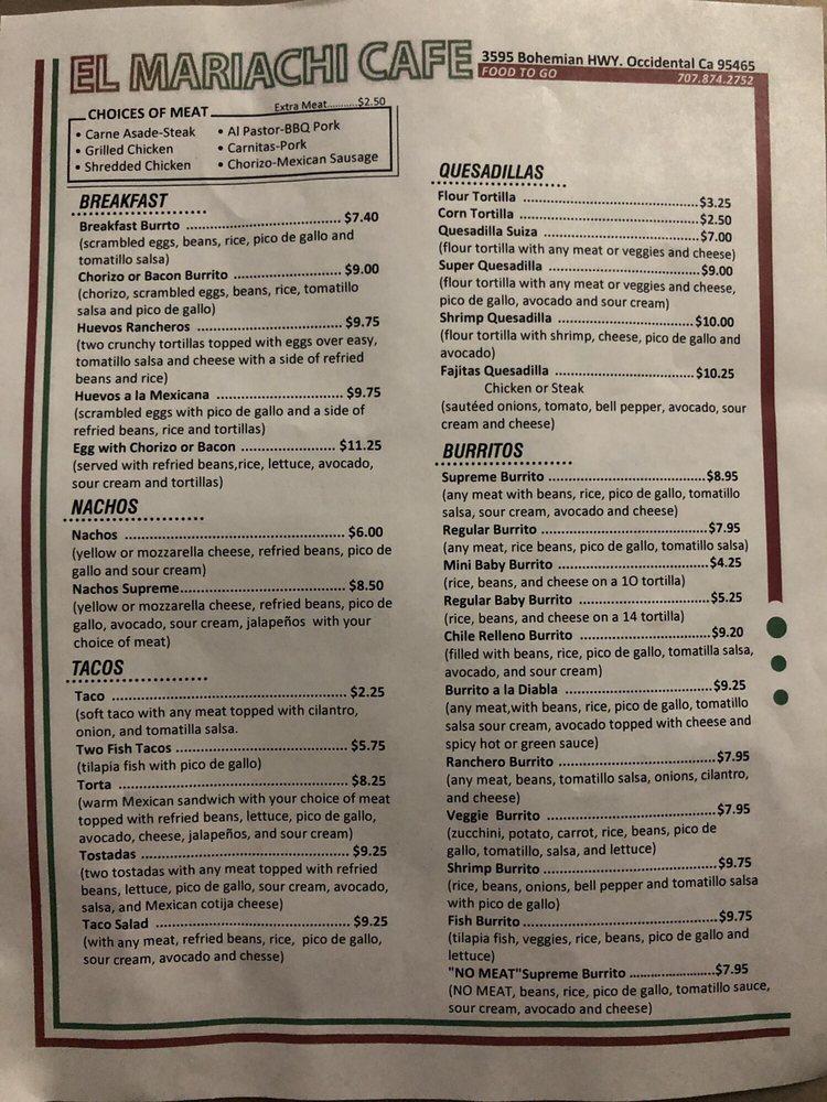 Menu at El Mariachi Cafe, Occidental