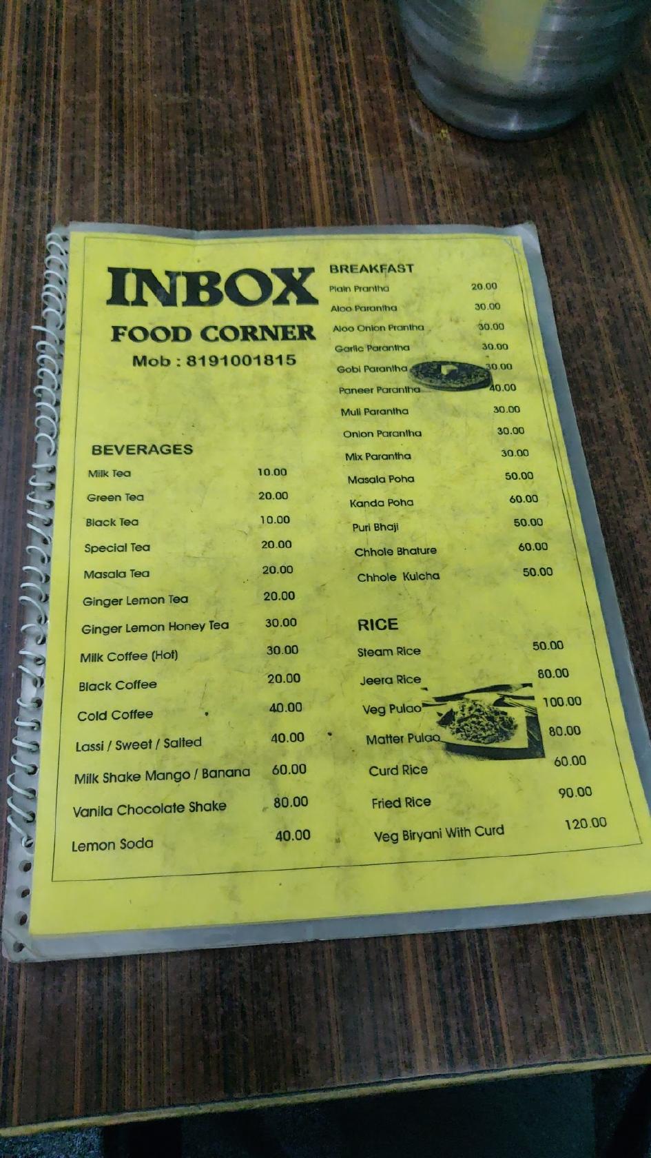 Menu at Inbox food corner, Rishikesh