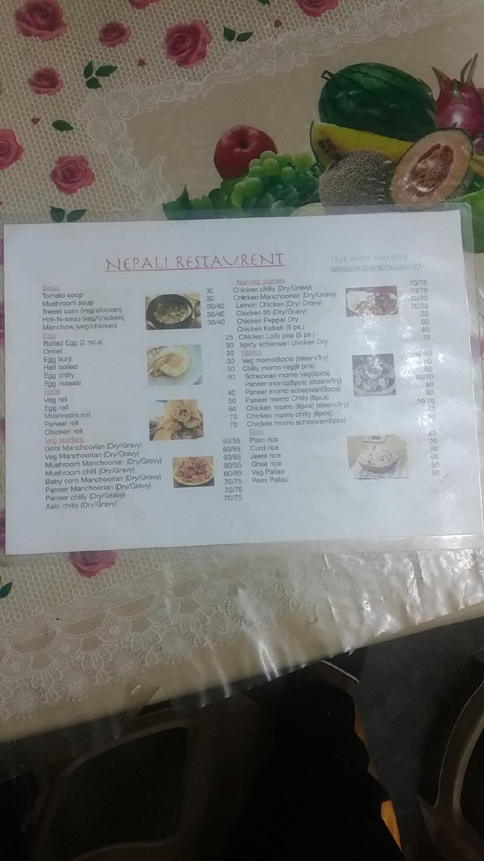 Menu at Nepali restaurant, Bengaluru