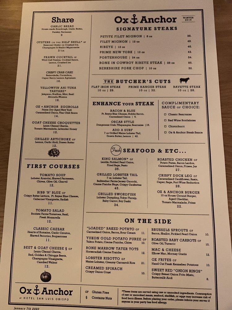 Menu at Ox and Anchor steakhouse, San Luis Obispo