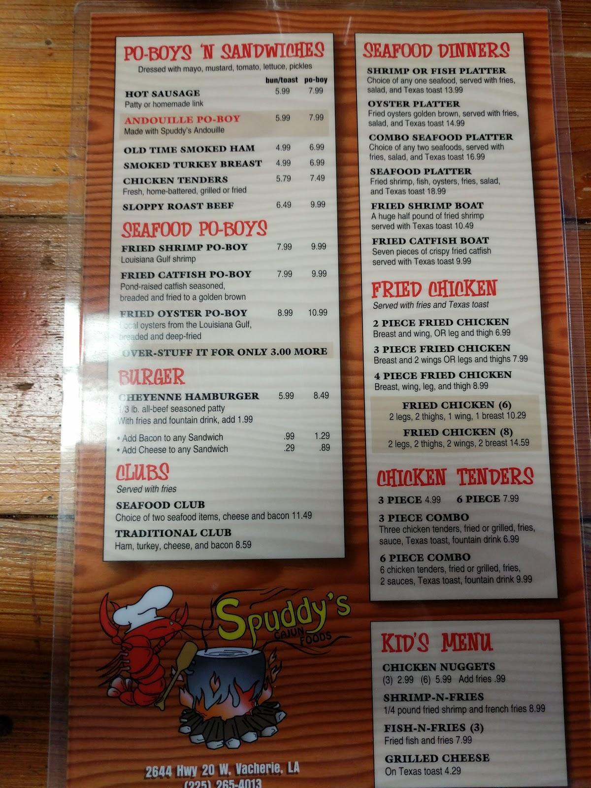 Menu at Spuddy's Cajun Foods restaurant, Vacherie