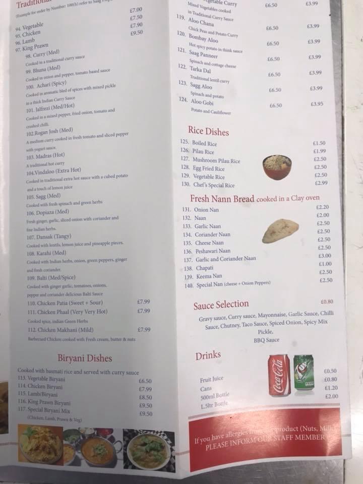 Menu at Taste of India restaurant, Banbridge
