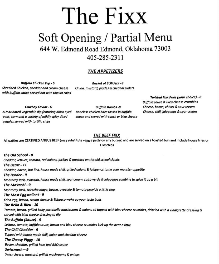 Menu at The Fixx restaurant, Edmond, 644 W Edmond Rd