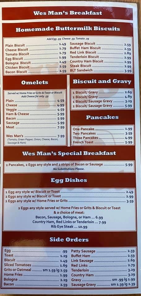 Menu at Wes-Man’s Restaurant, White