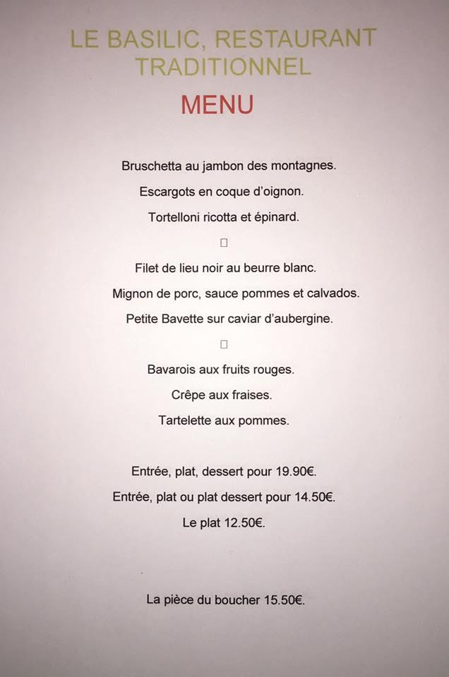 Menu au le basilic restaurant, Caudry