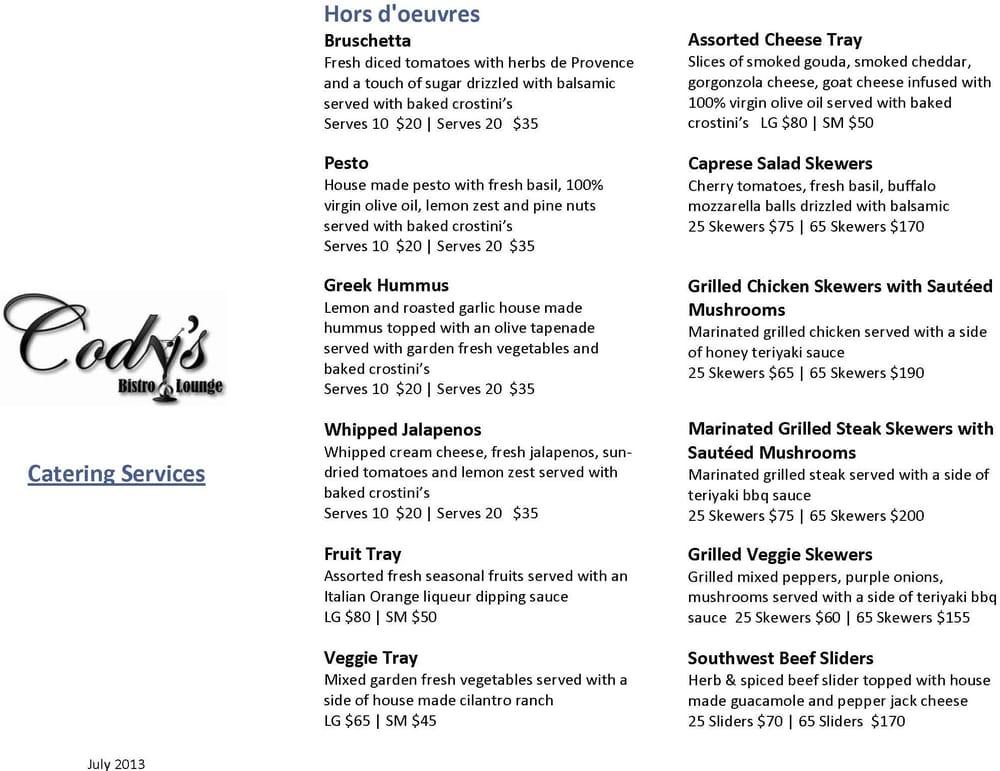 Menu at Cody's Restaurant Bar & Patio, San Marcos