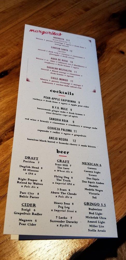 Menu at Nada restaurant, North Bethesda
