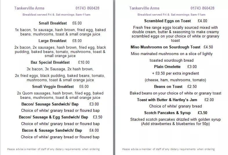 Menu at Tankerville Arms pub & bar, Shrewsbury, Tankerville Arms