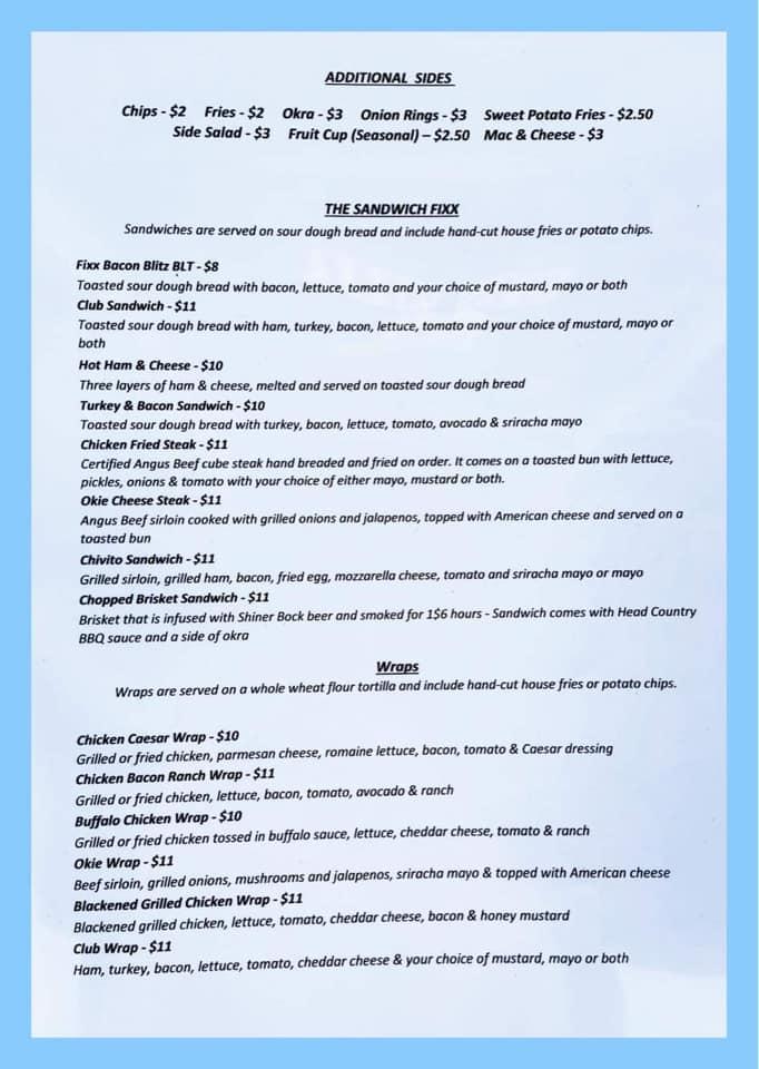 Menu at The Fixx restaurant, Edmond, 644 W Edmond Rd
