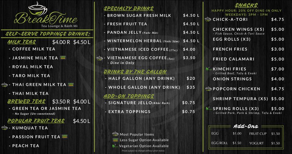 Menu at Breaktime Tea Lounge & Bánh Mì restaurant, Katy