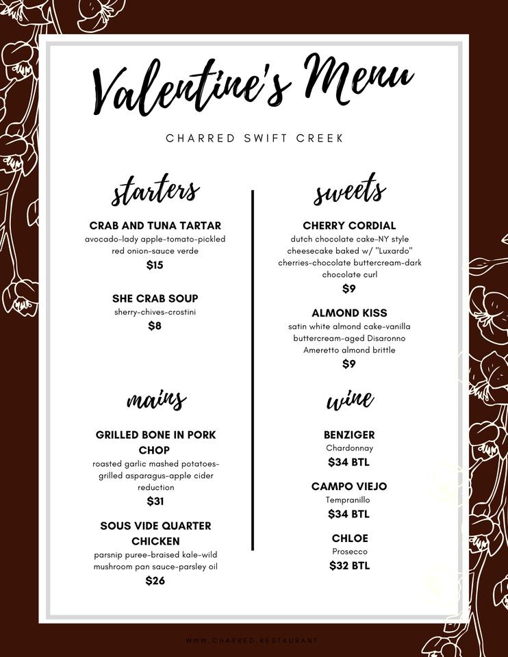 Menu at Charred Swift Creek pub & bar, Woodlake