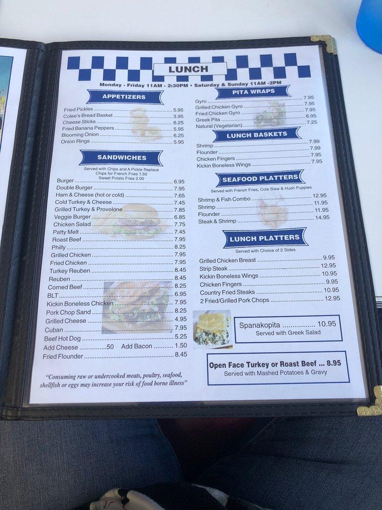 Menu at Colee's restaurant, Palatka