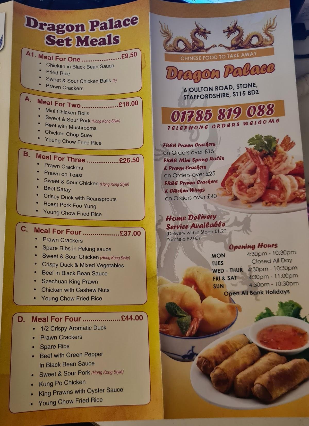 Menu at Dragon Palace Chinese Takeaway And Delivery fast food, Stone