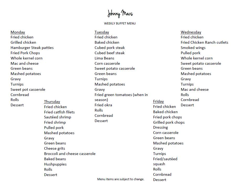 Menu at Johnny Macs Wood Fire Grill restaurant, Sneads
