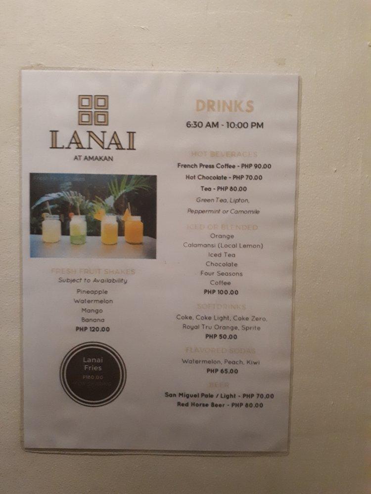 Menu at Lanai at Amakan, El Nido, Amboy Street Barangay Buena Suerte Amakan