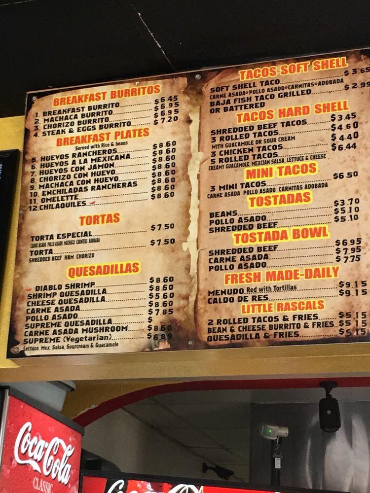 Menu at Los Tapatios Mexican Food restaurant, San Diego, Main St J