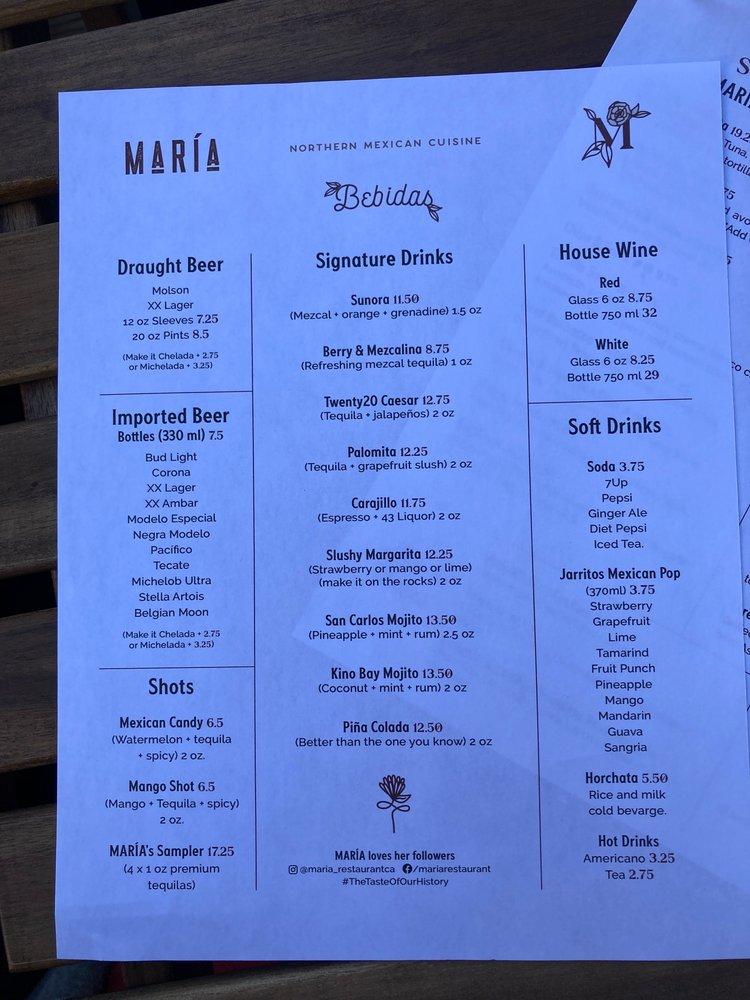 Menu at Maria Northern Mexican Cuisine restaurant, Edmonton