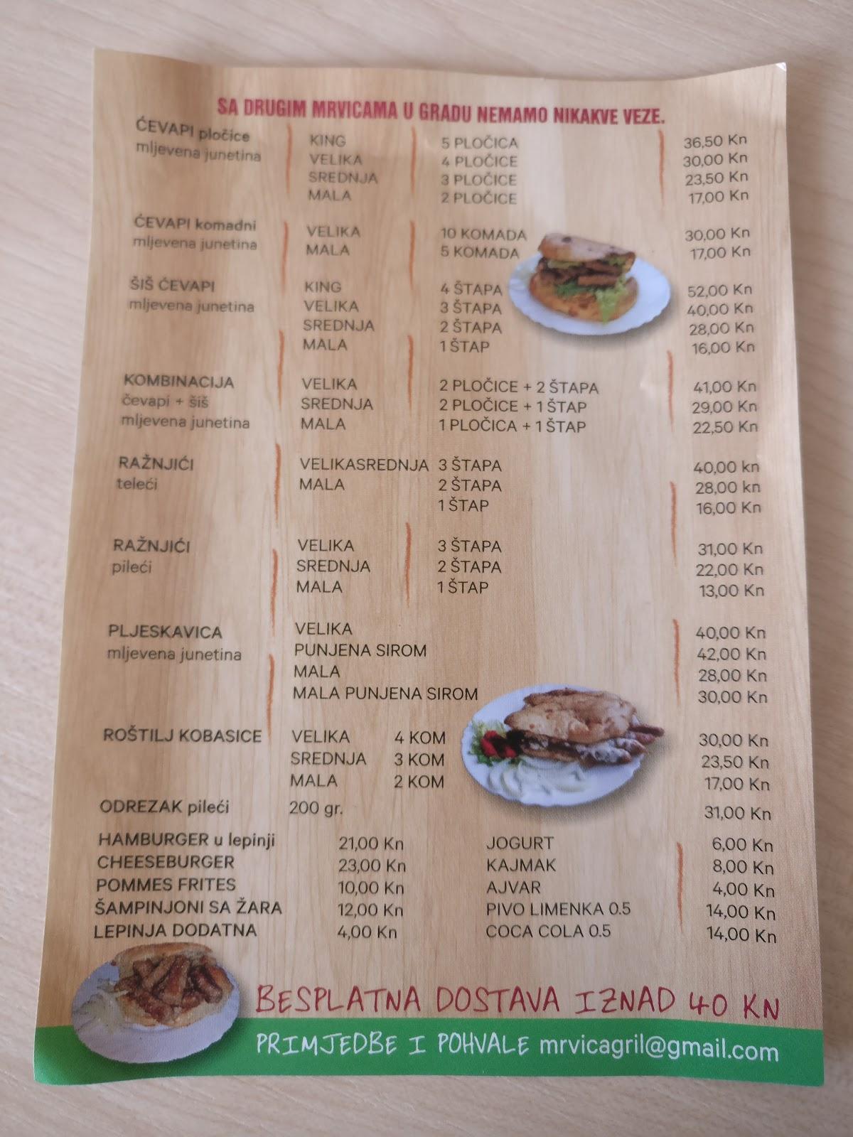 Menu at Mrvica Grill restaurant, Zagreb, Ul. kneza Branimira 67