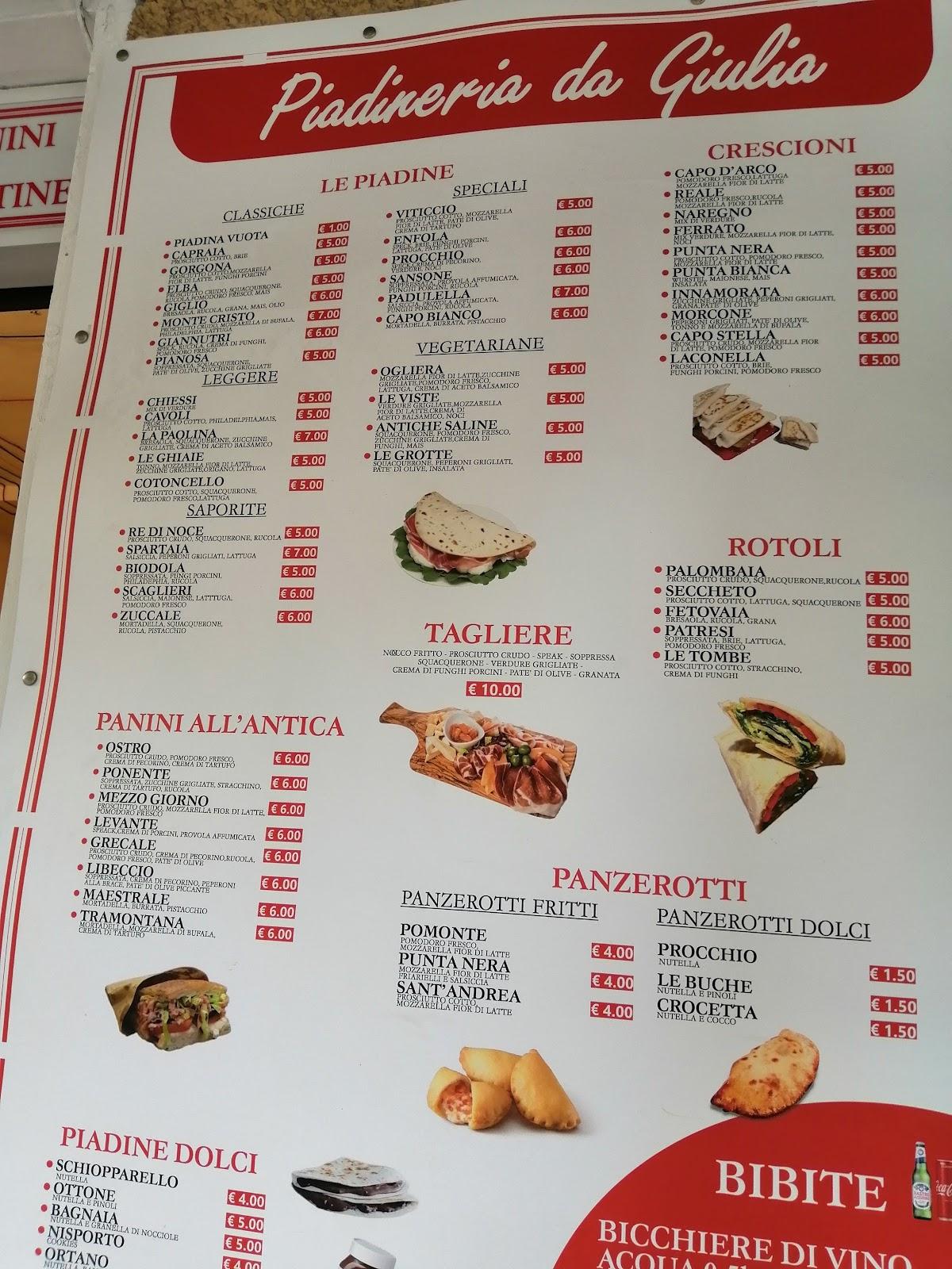 Menu at Piadineria da Giulia restaurant, Marina di Campo