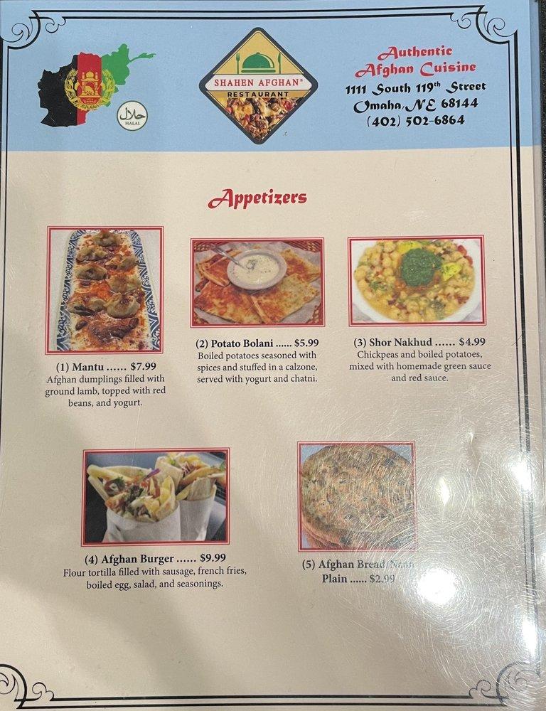 Menu at Shahen Afghan Restaurant, Omaha