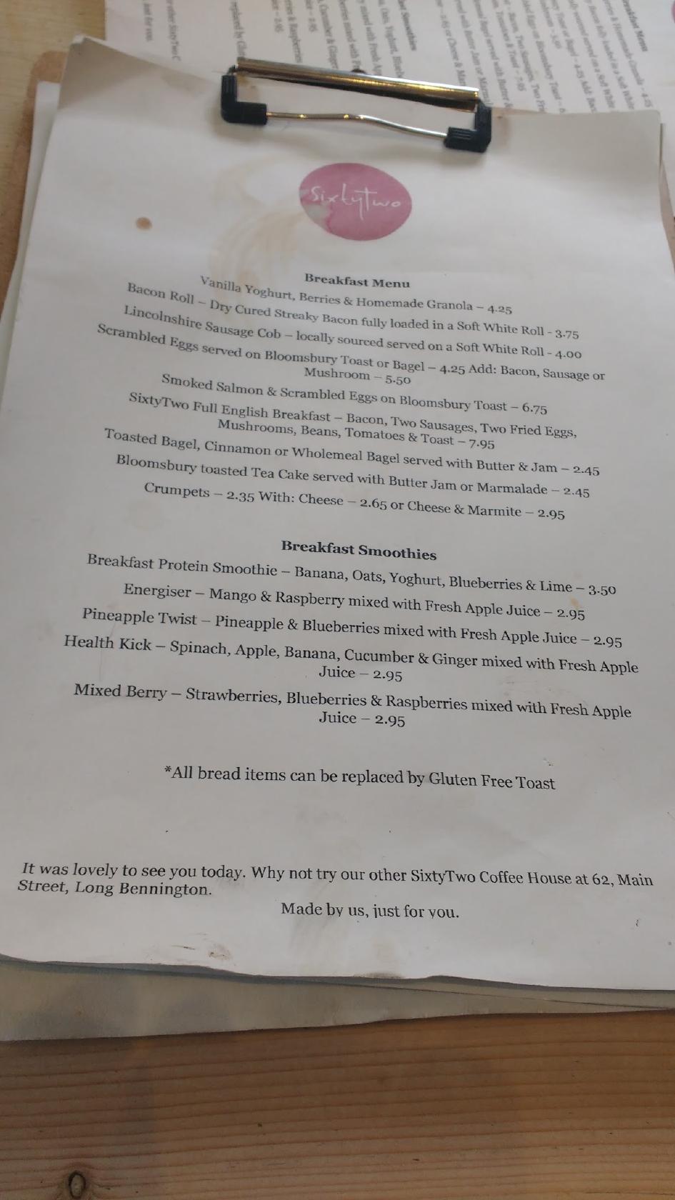 Menu at SixtyTwo cafe, Long Bennington