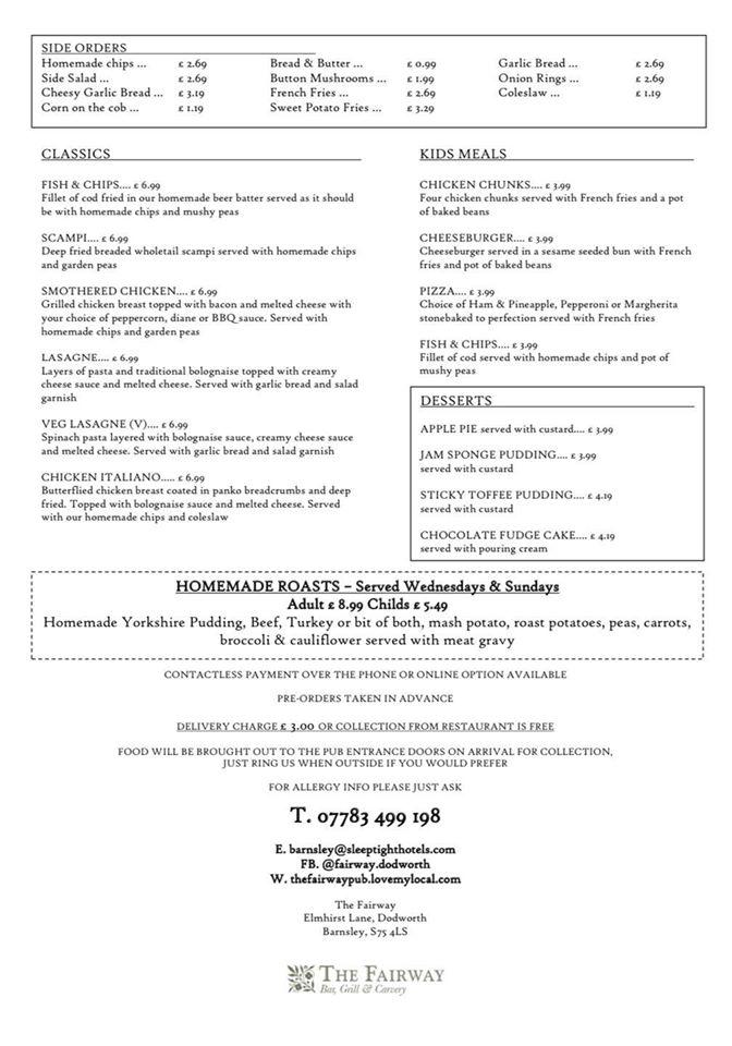 Menu at The Fairway Pub, Barnsley