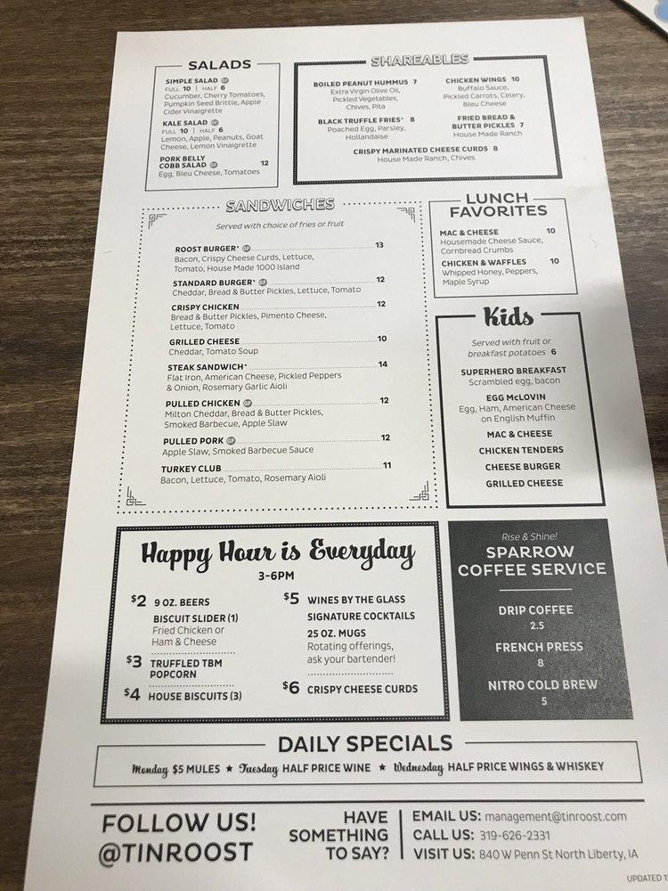 Menu at Tin Roost pub & bar, North Liberty